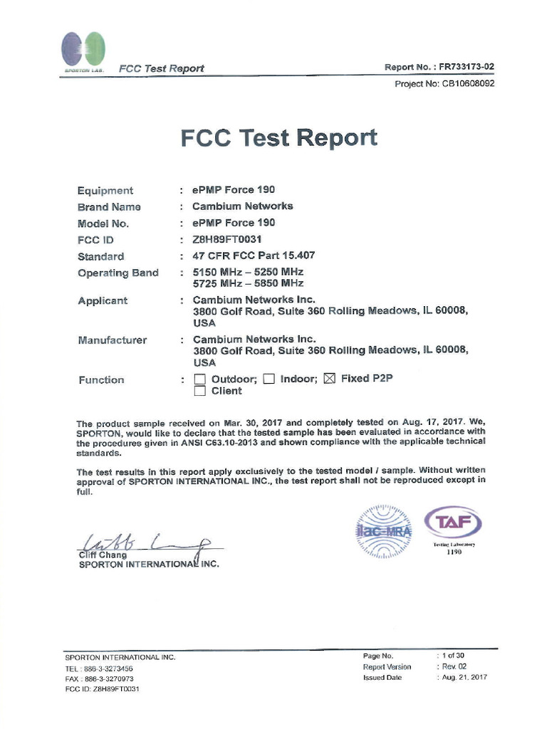 FCC RF Test Report - FR733173 - Force 190 | PDF | Mimo | Antenna (Radio)