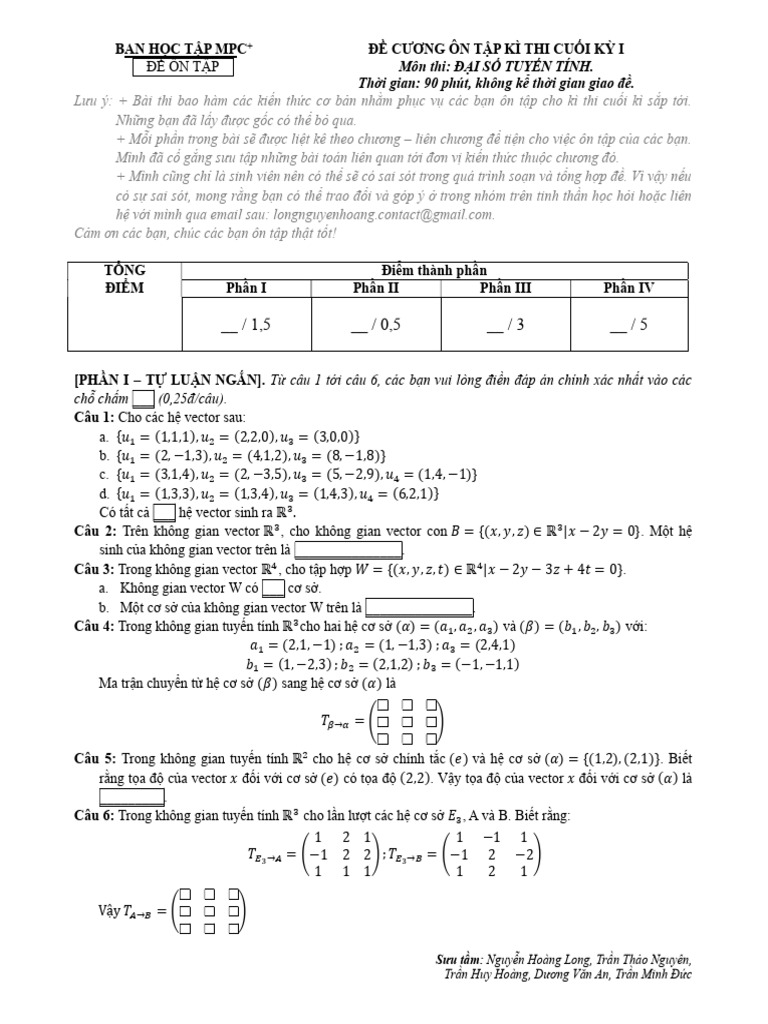 De Cuong On Tap Dai So Tuyen Tinh CK | PDF