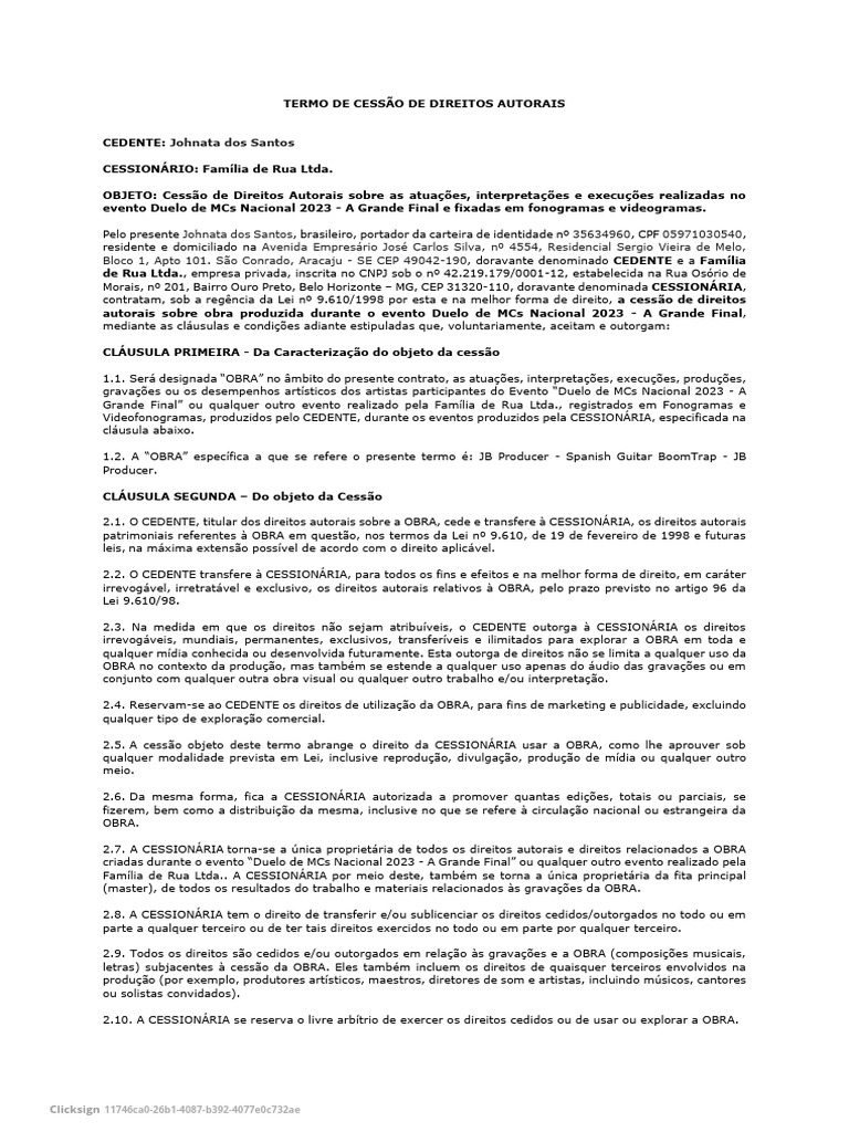 TERMO DE CESSÃO DE DIREITOS AUTORAIS - JB - Docx - Clicksign | PDF
