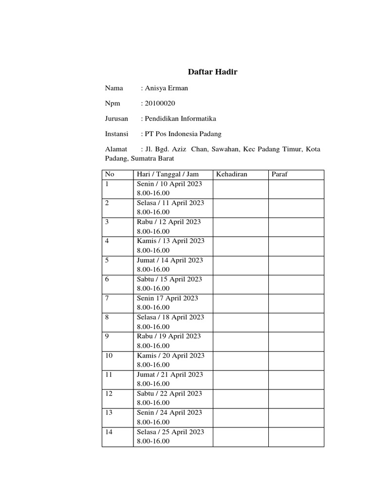 Daftar Hadir Magang Anisya | PDF