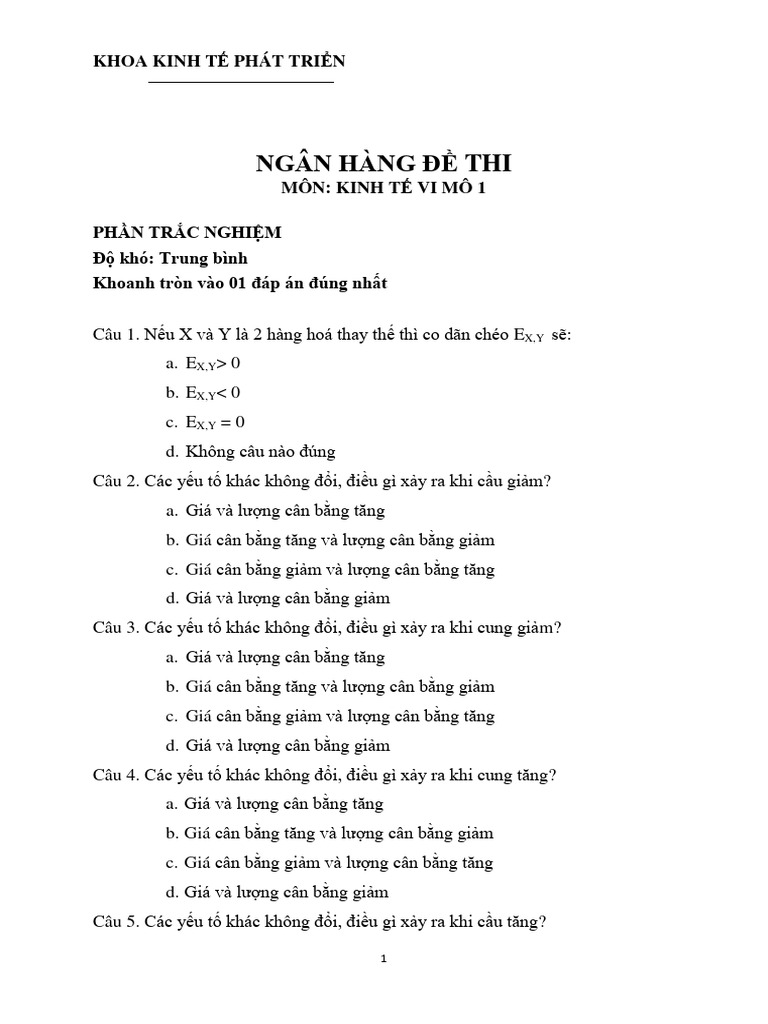 KTPT - MICRO - 1 - CÂU HỎI LỰA CHỌN - TRUNG BÌNH - 2020 | PDF