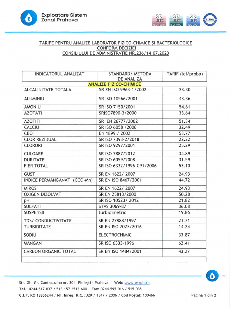 Tarife Analize Laborator Apa 01.08.2023 | PDF