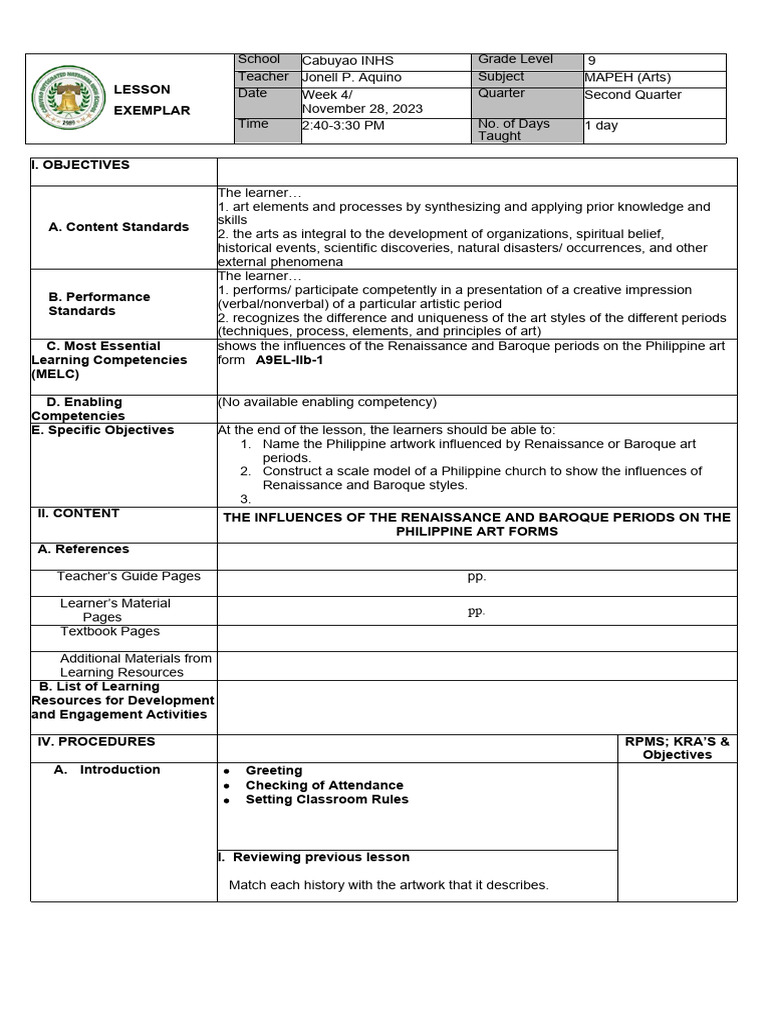 CO2 AQUINO Arts 9 Q2 Lesson 4 | PDF