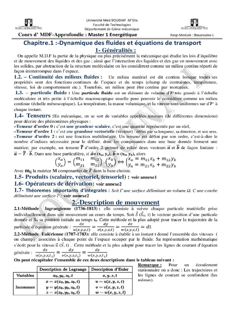 Chapitre 1 Mécanique Des Fluides Approfondie | PDF