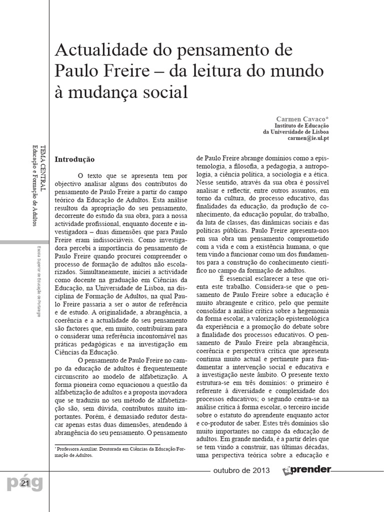 Actualidade Do Pensamento Paulo Freire | PDF | Aprendizado | Alfabetização