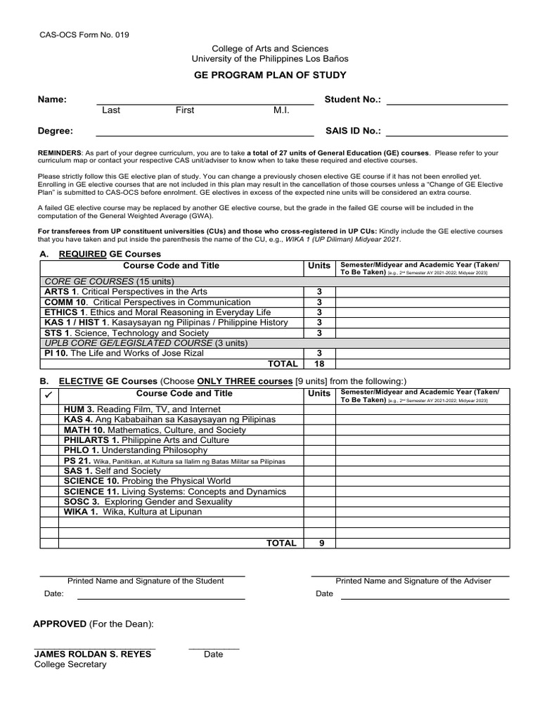 UP Los Baños GE Program Study Plan | PDF