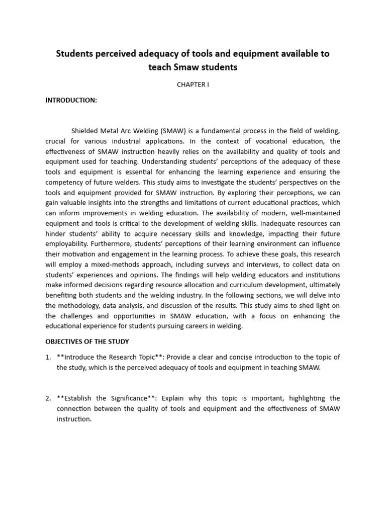 Smaw Students Perceived Adequacy of Tools and Equipment Available To ...