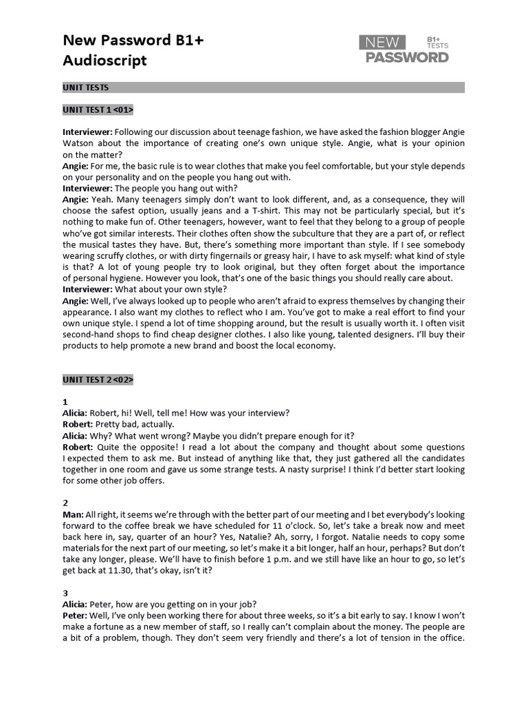 New Password B1+ Tests Audioscript | PDF