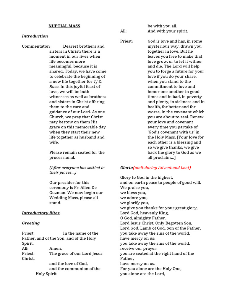 Nuptial Mass for TJ & Roce | PDF