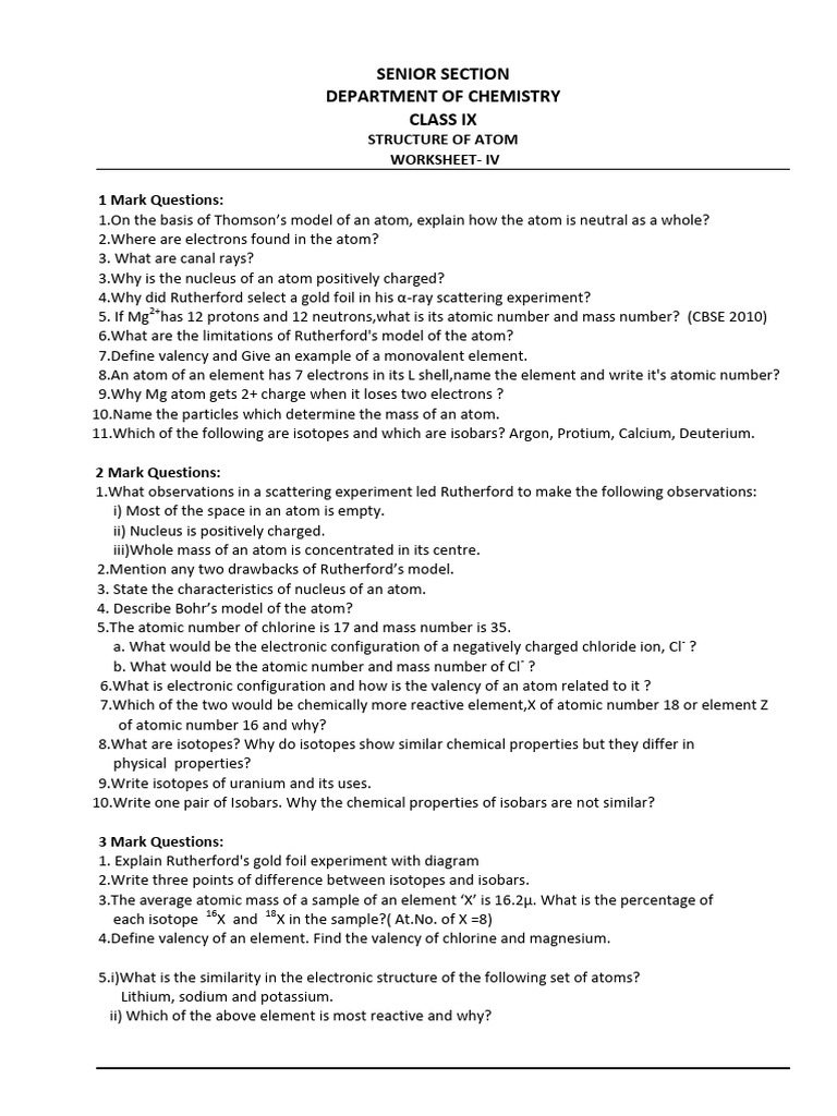 CBSE Class 9 Science Worksheet - Structure of Atom | PDF | Atoms ...