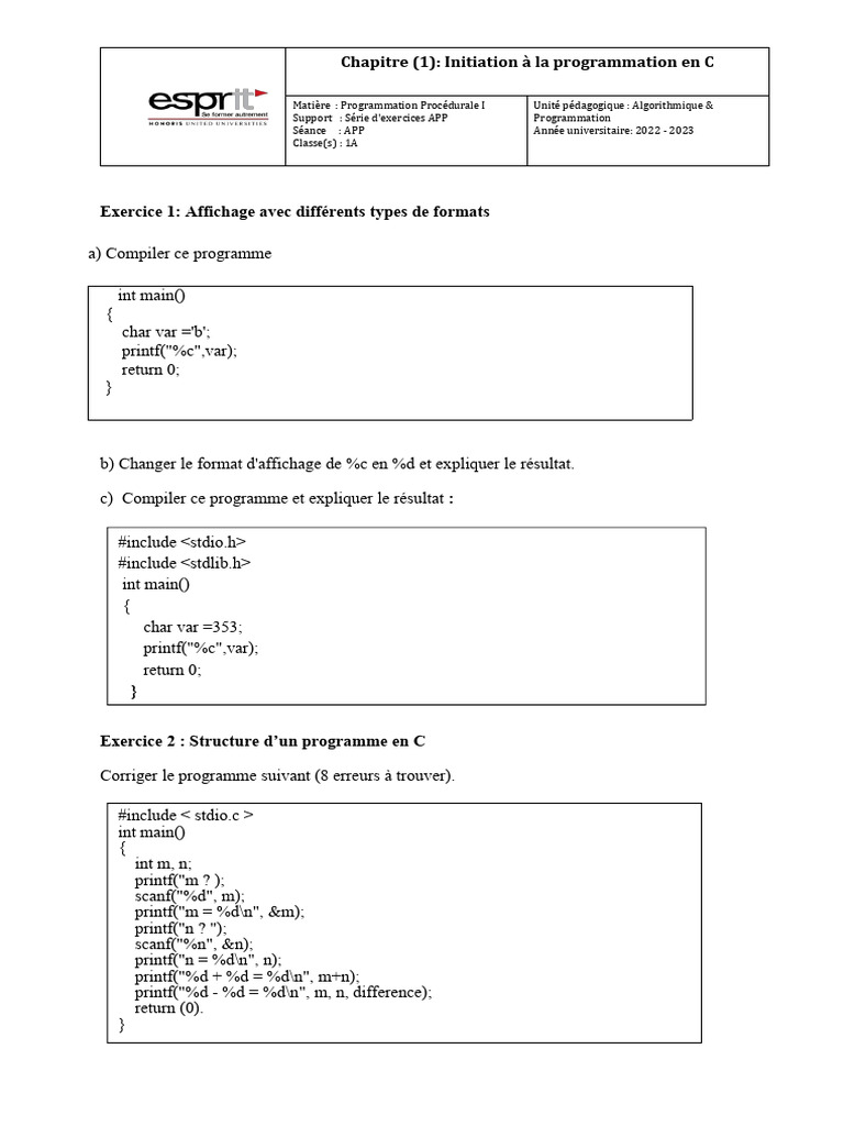 Chapitre (1) : Initiation À La Programmation en C | PDF