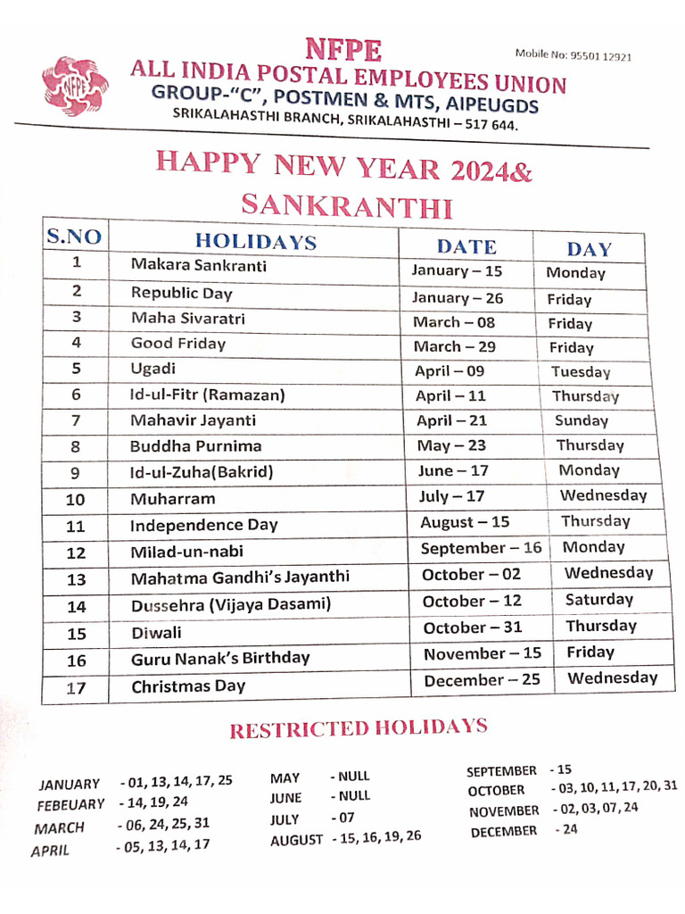Dop Holidays List 2024 | PDF