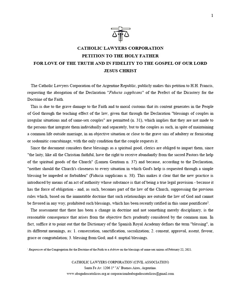 Petition To Revoke The FiDUCIA SUPPLICANS | PDF | Catholic Church ...