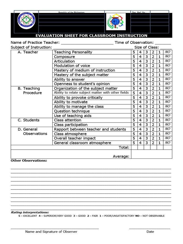Evaluation Sheet For Classroom Instruction | PDF
