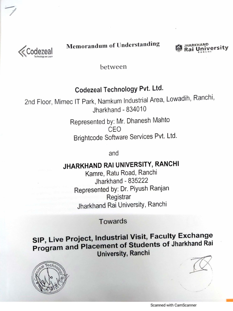 MoU With Codezeal Technology Pvt. LTD | PDF