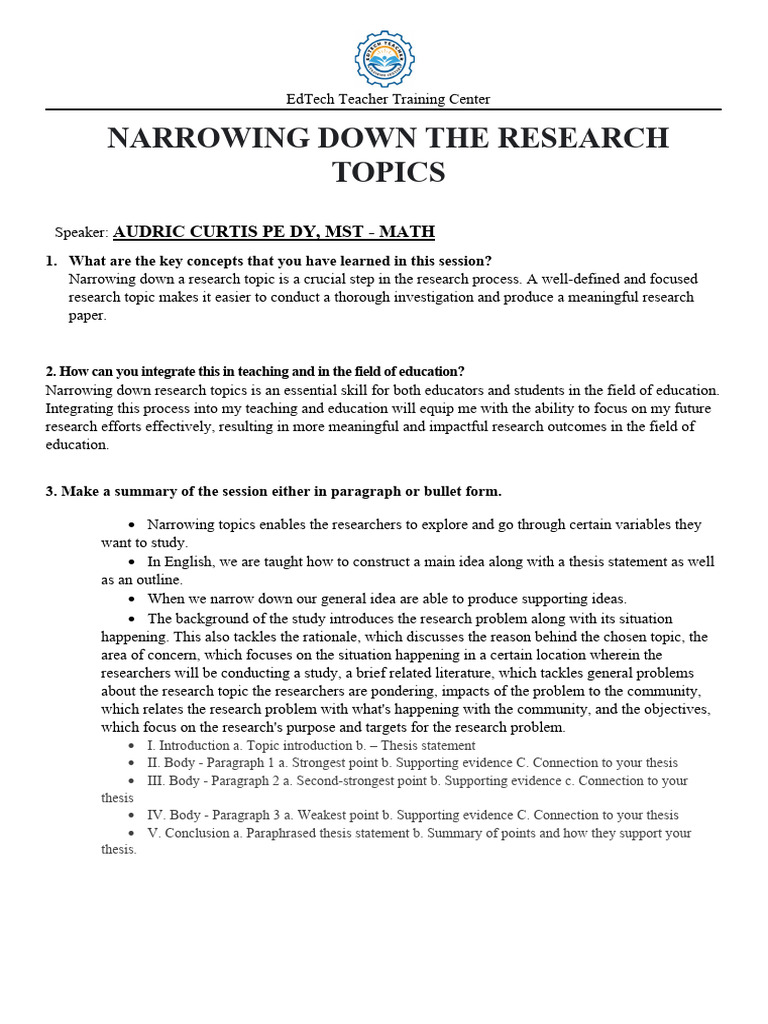 Narrowing Down The Research Topics | PDF