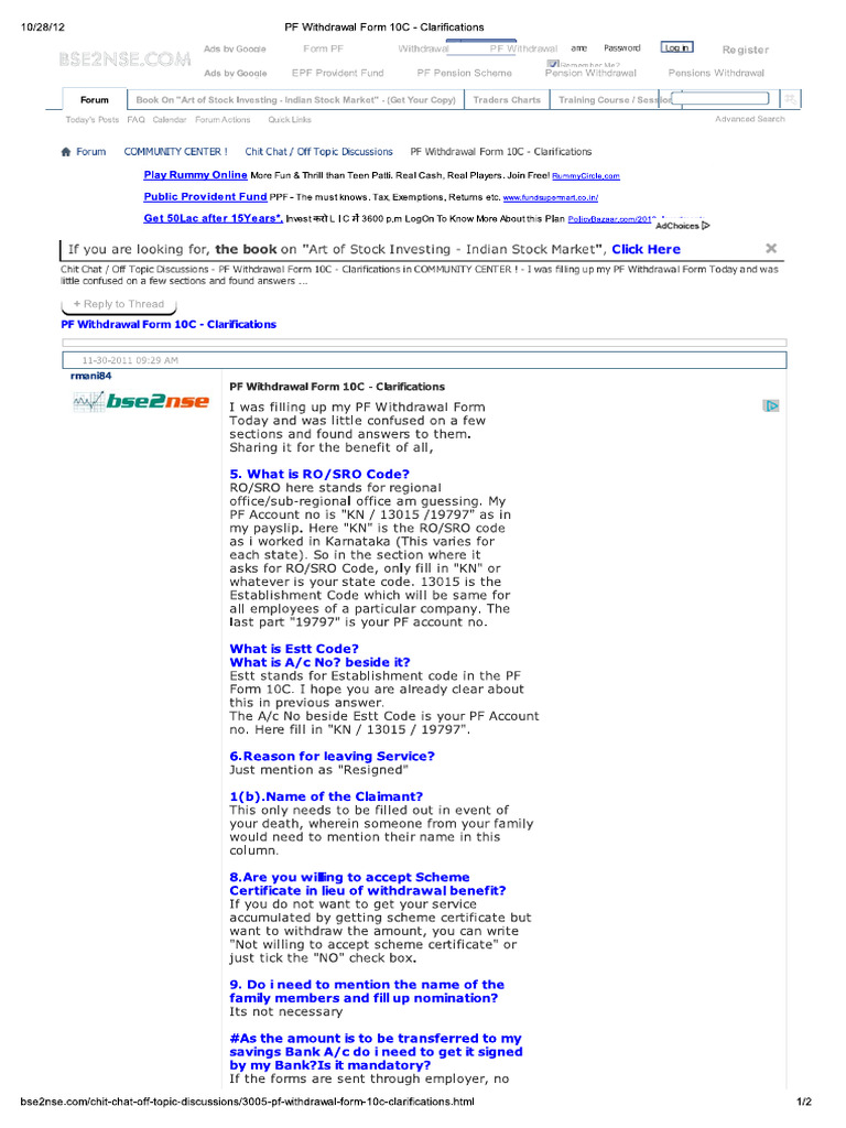 PF Withdrawal Form 10C - Clarifications | PDF