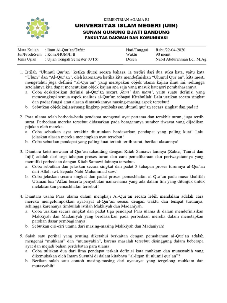 Soal Uts Uq Dan It Uin Jur Hum 2020 Sem 2 | PDF