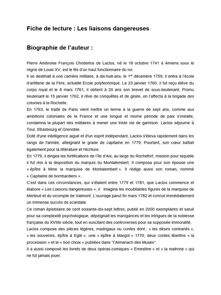 Fiche de Lecture Liaisons Dangereuses Vers Mod | PDF | Classiques