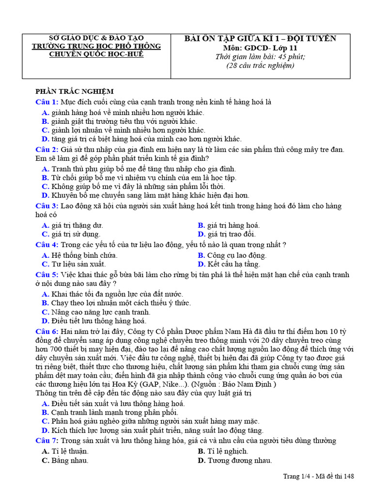Môn: GDCD-L P 11: Câu 1: A. B. C. D. Câu 2: A. B. C. D. Câu 3: A. B. C. D. Câu 4: A. B. C. D ...