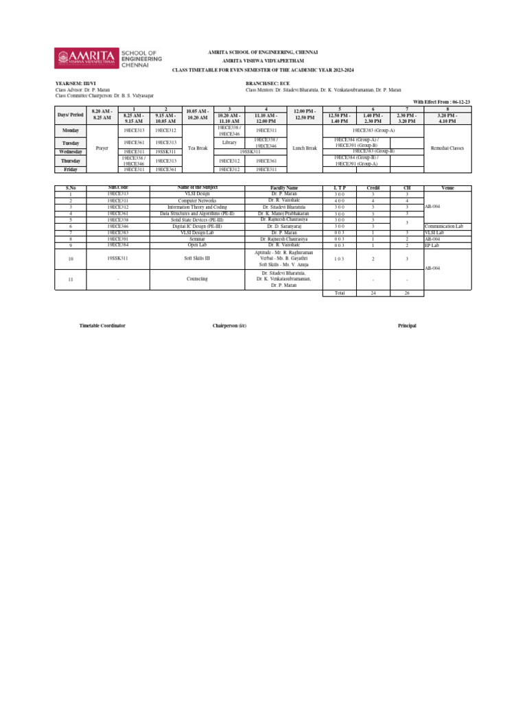 ECE Class Timetable 2023-2024 | PDF