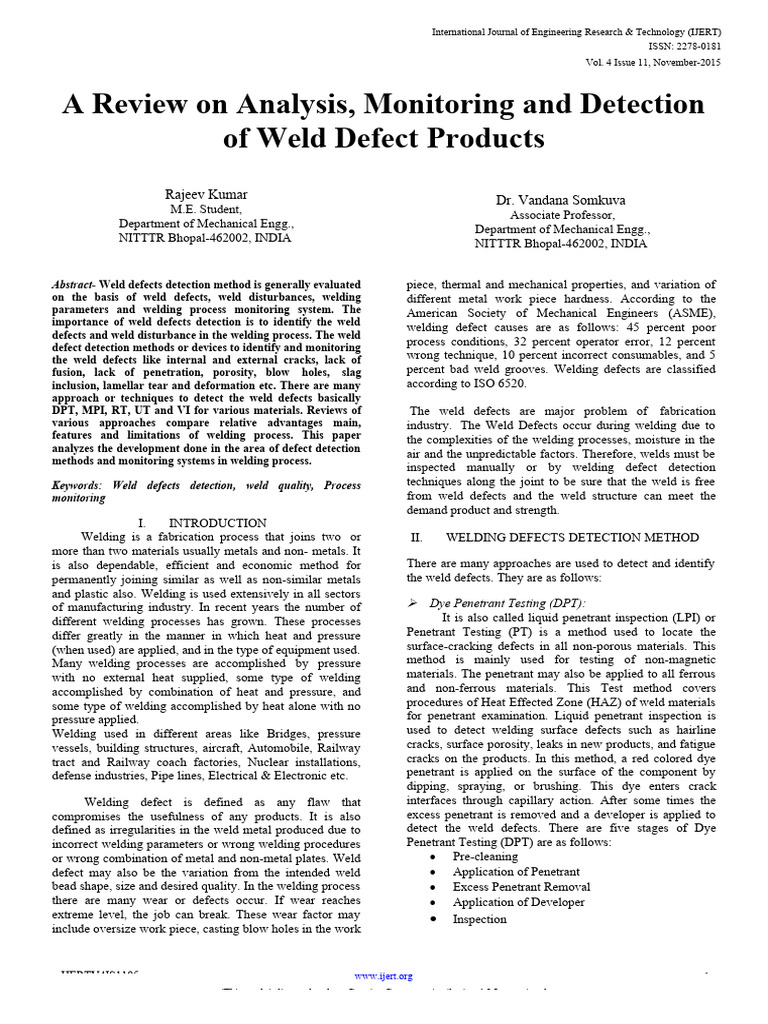 A Review On Analysis Monitoring and Detection of Weld Defect Products ...
