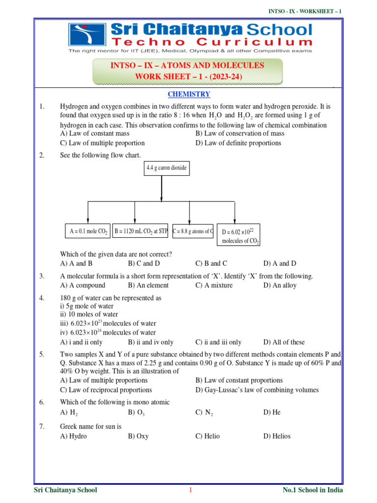 IX - InTSO - Worksheet - 1 (Atoms & Molecules) | PDF | Mole (Unit ...