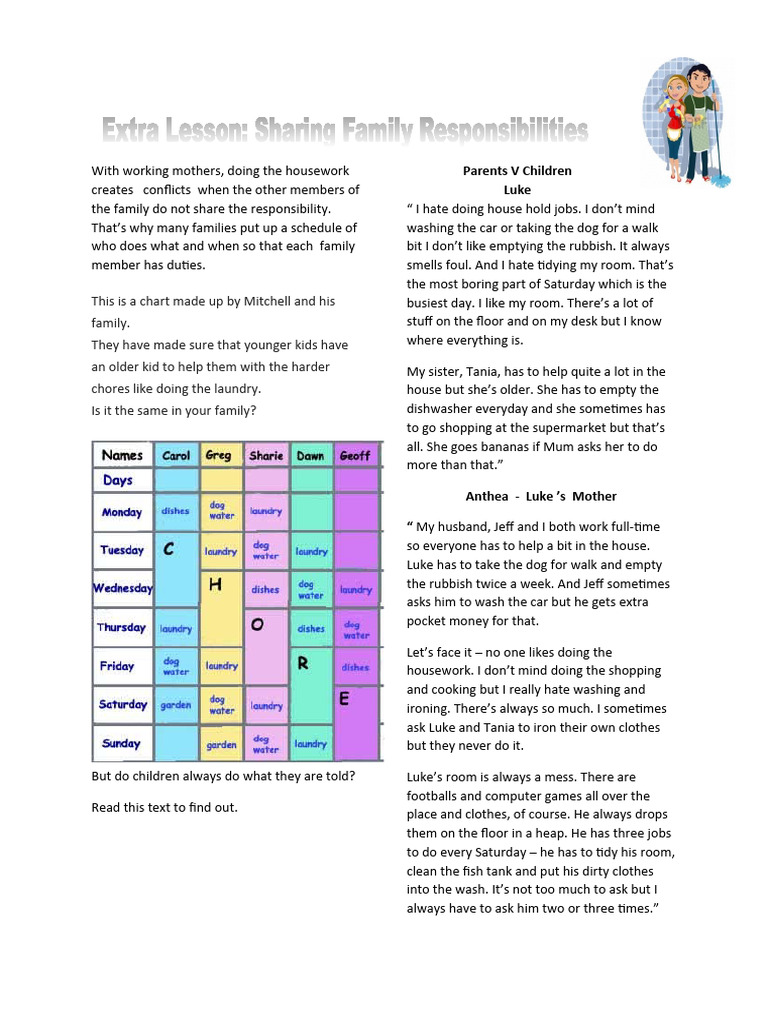 Sharing Family Responsibilities Reading Comprehension Exercises - 60280 ...