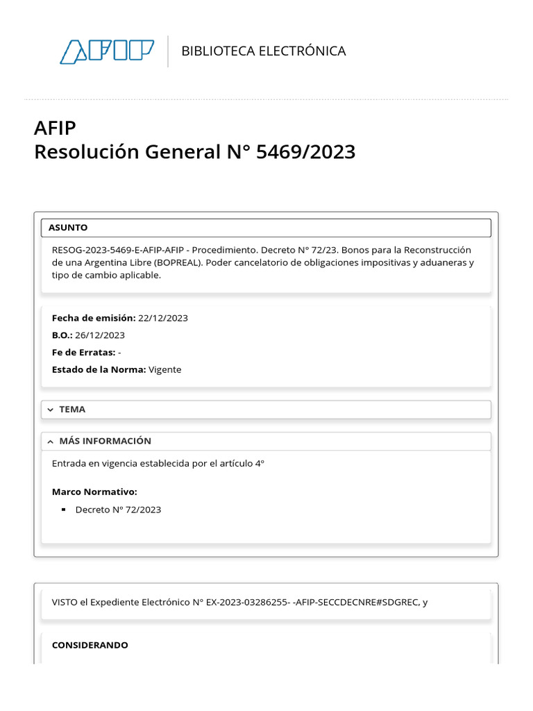 RG 5469-2023 Afip Procedimiento Tributario-Pago Con Bonos | PDF