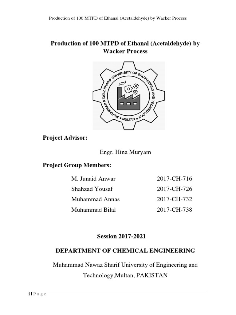Production of 100 MTPD of Ethanal by Wacker Process | PDF