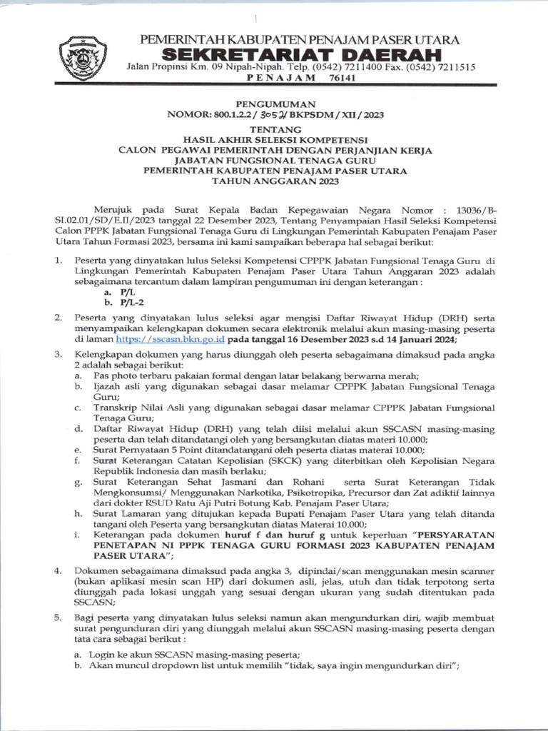 Pengumuman PPPK Guru - Ok | PDF