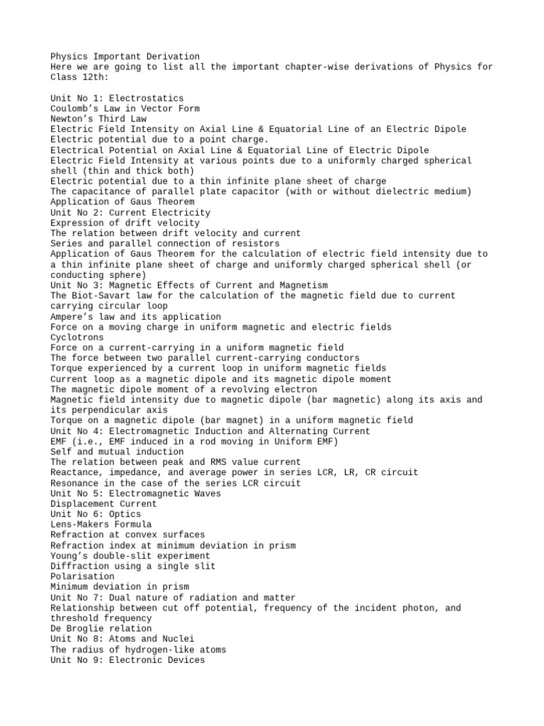 Physics Important Derivation | PDF