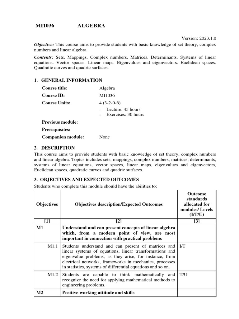MI1036 Algebra Syllabus | PDF | Matrix (Mathematics) | Eigenvalues And Eigenvectors