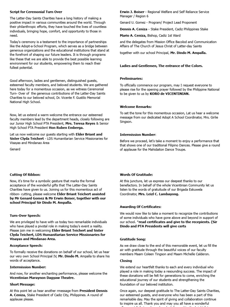 Script For Ceremonial Turn Over | PDF