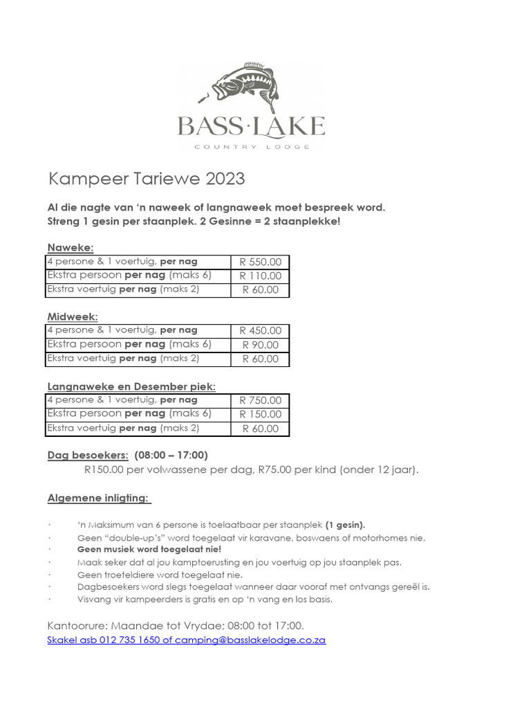 Bass Lake Lodge 2023 Kampeer Tariewe | PDF