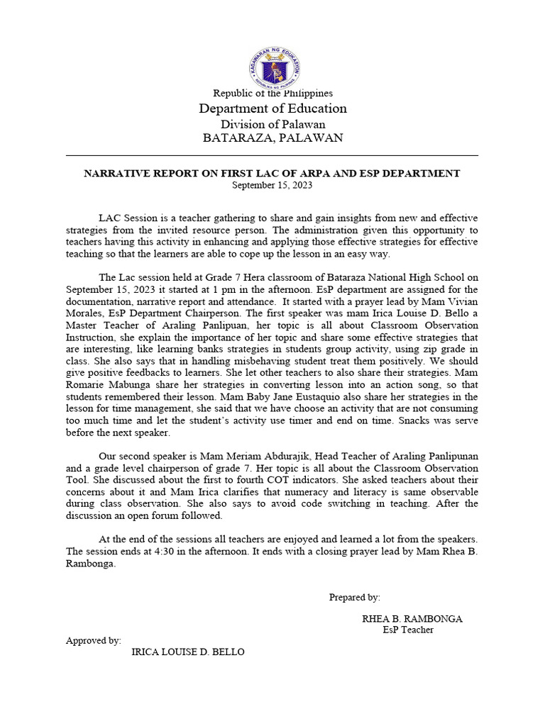 Narrative Report On First LAC Session On Arpa and EsP | PDF