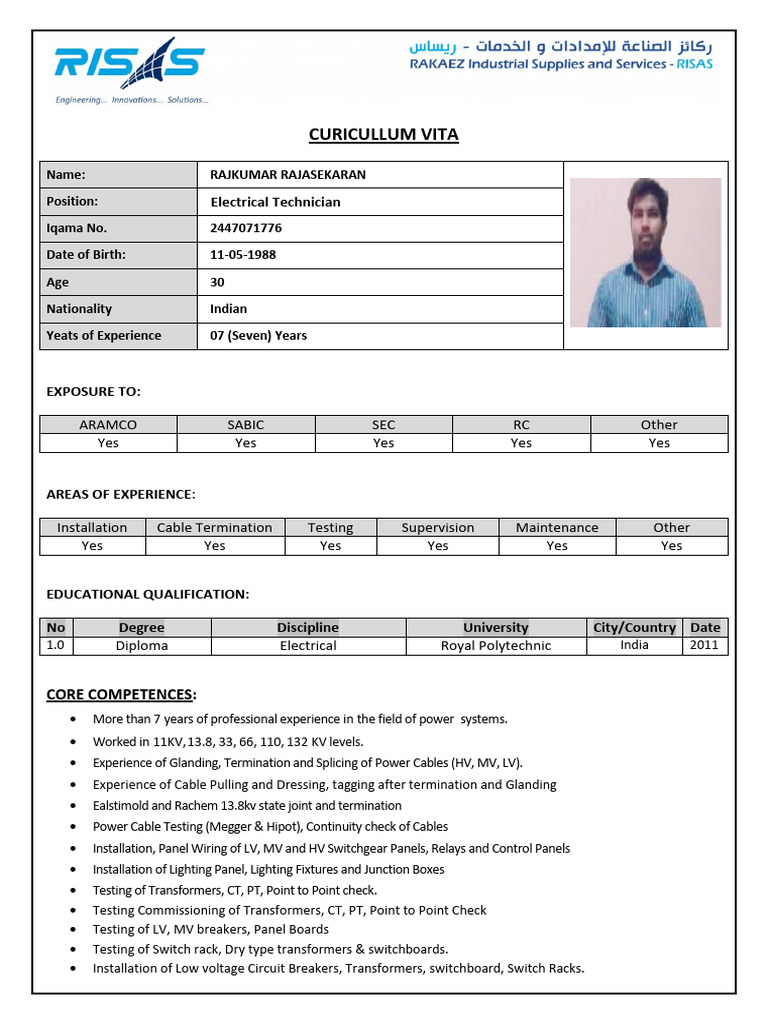 CV - Rajkumar (Elect. Technician) | PDF