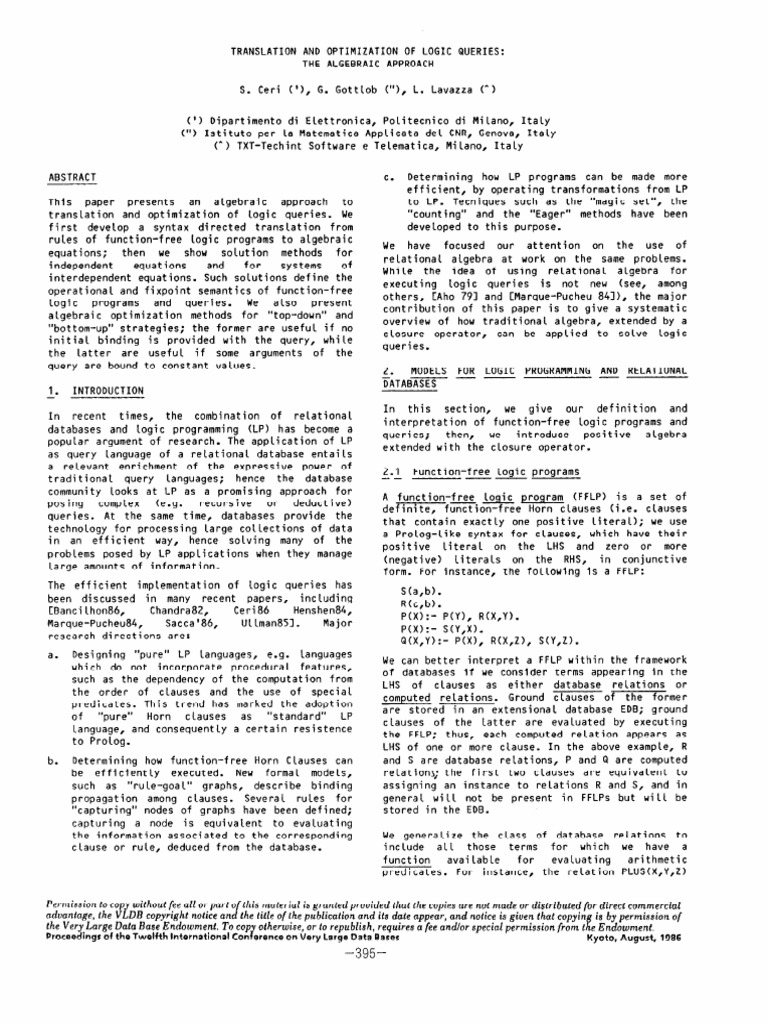 Translation and Optimization of Logic Queries, The Algebraic Approach | PDF