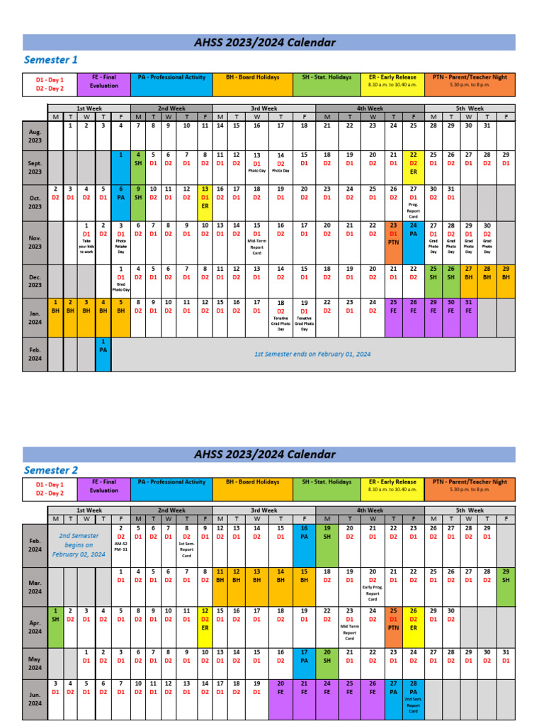 Revised AHSS 2023-24 Calendar | PDF