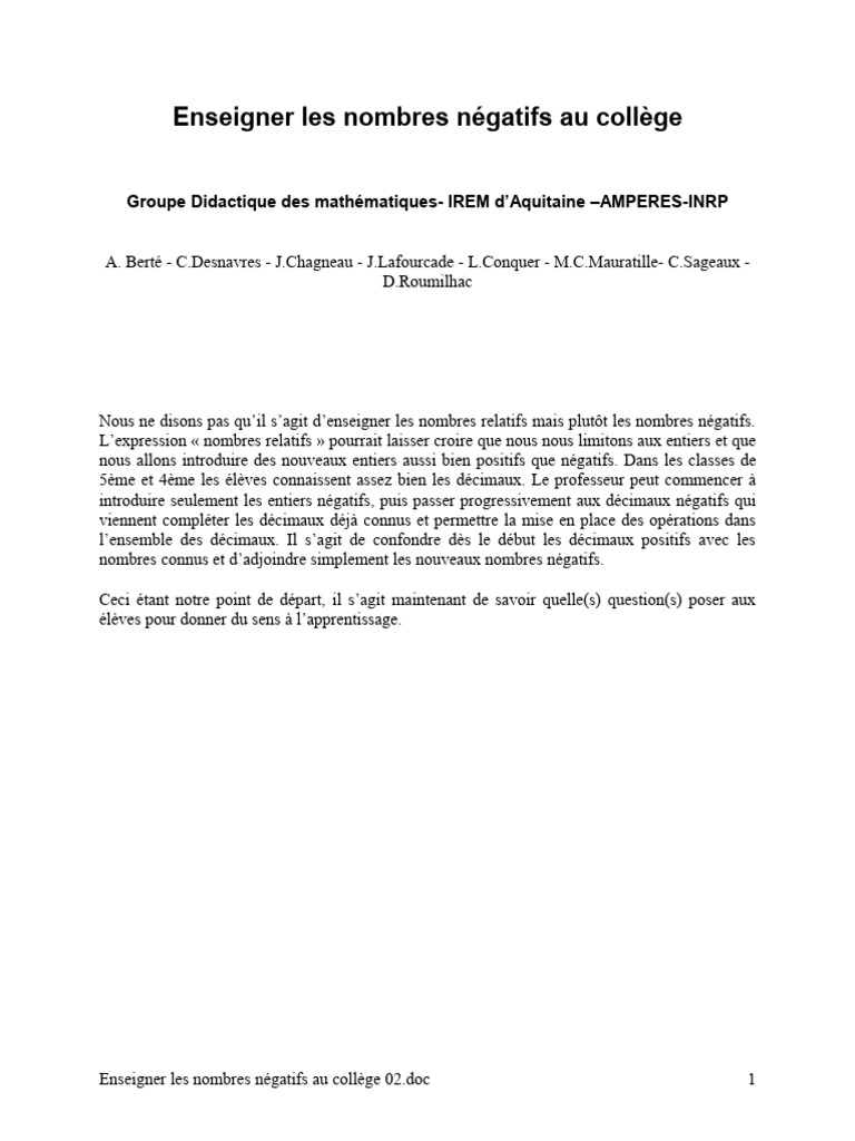Enseigner Les Nombres Negatifs Au College | PDF