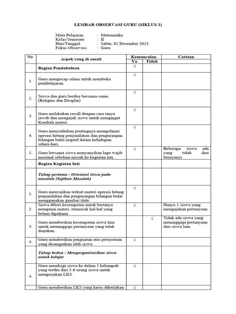 Lembar Observasi Dan Refleksi | PDF