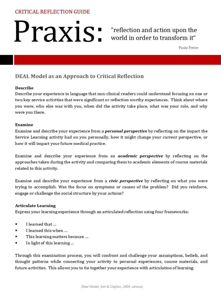 Praxis A Critical Reflection Guide Pdf Experience Critical Thinking