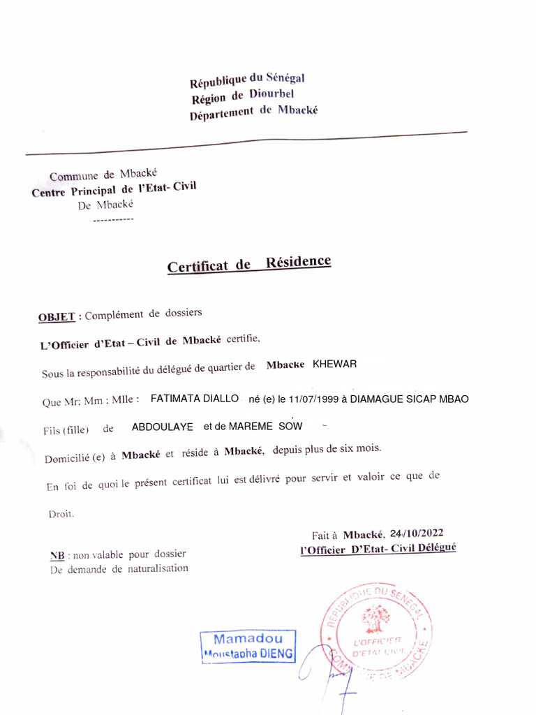 Certificat de Residance Toubab - 083042 | PDF