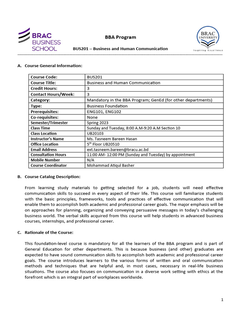 BUS 201 - Course Outine - Spring 2023 | PDF | Communication | Learning