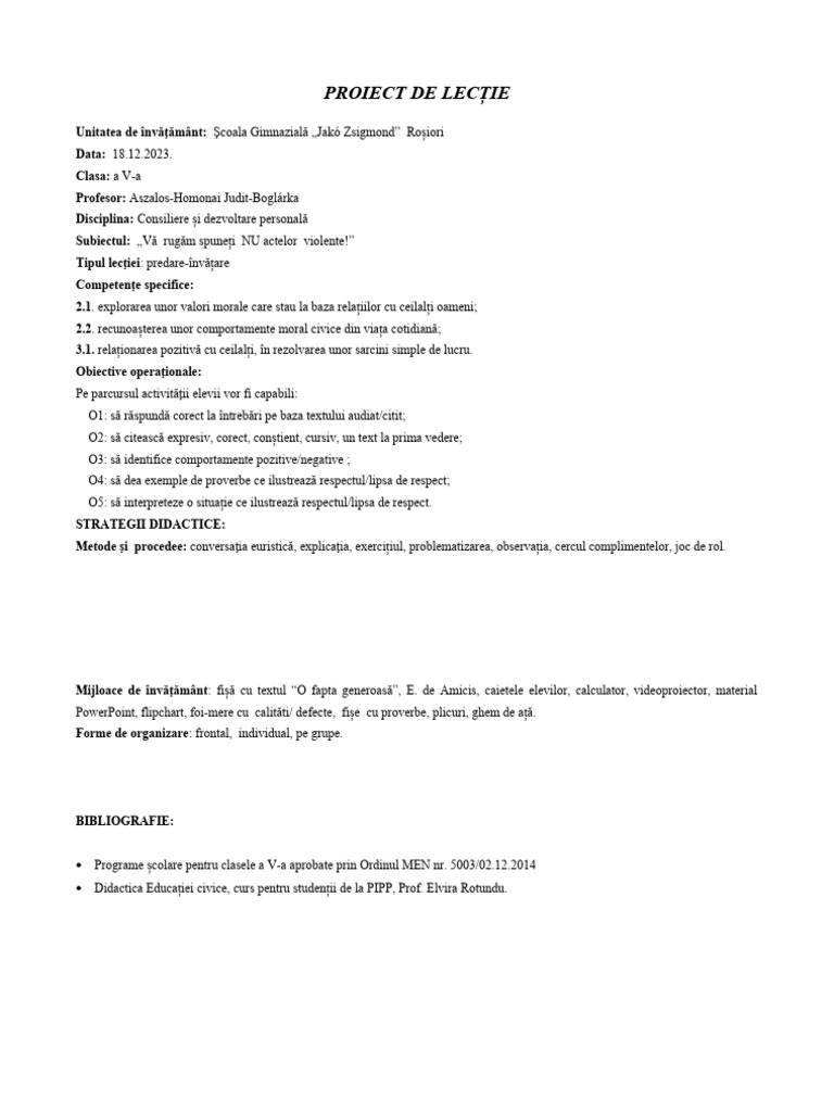 Proiect de Lecție Despre Bullying | PDF