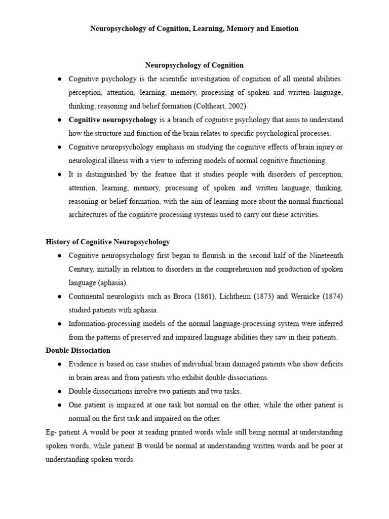 Neuropsychology of Cognition, Learning, Memory and Emotion | PDF