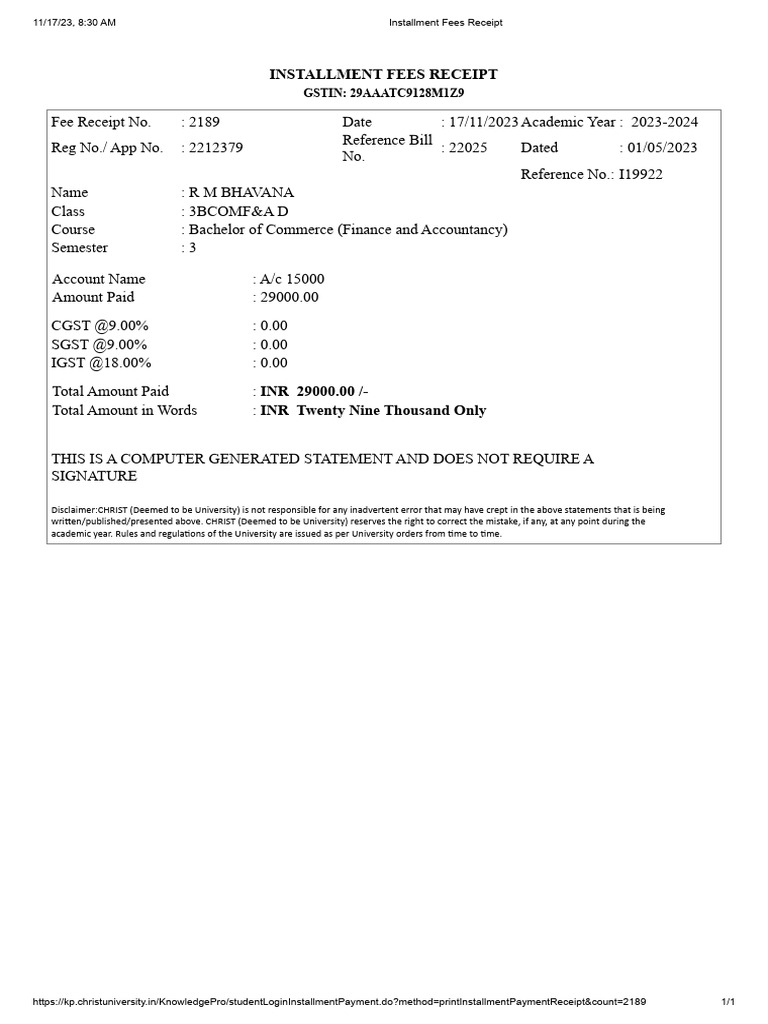 Installment Fees Receipt | PDF