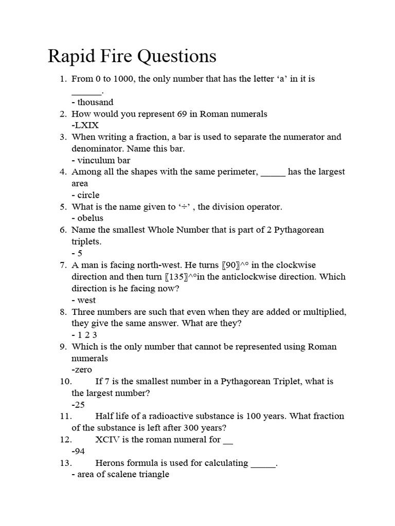 Rapid Fire Questions - Mental Maths Quiz | PDF | Teaching Methods ...