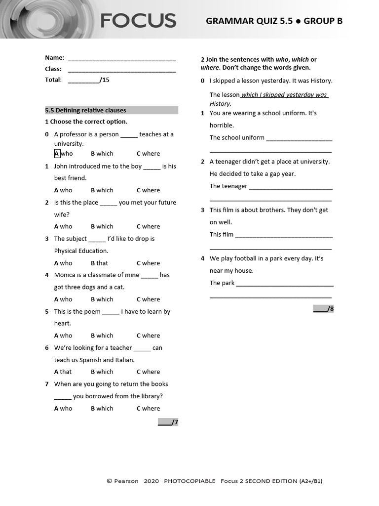 Focus2 2E Grammar Quiz Unit5 5 GroupB | PDF