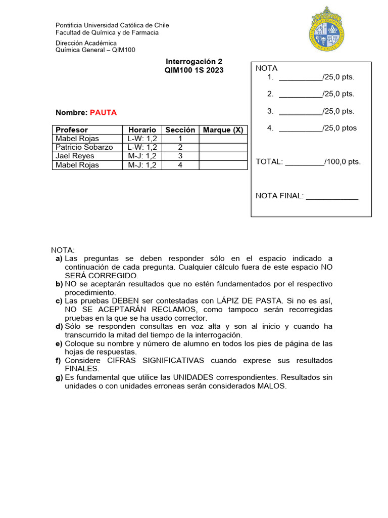 I2 Qim100 1S 2023 Pauta | PDF